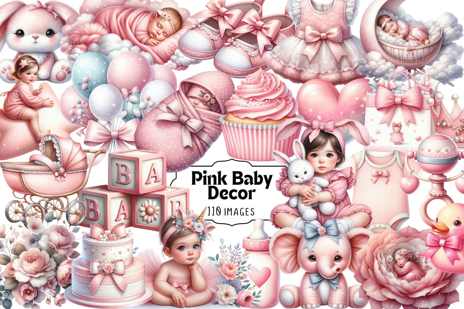 Pink Baby Decor Clipart Set - Cute Baby Items and Toys PNG, Pink ...