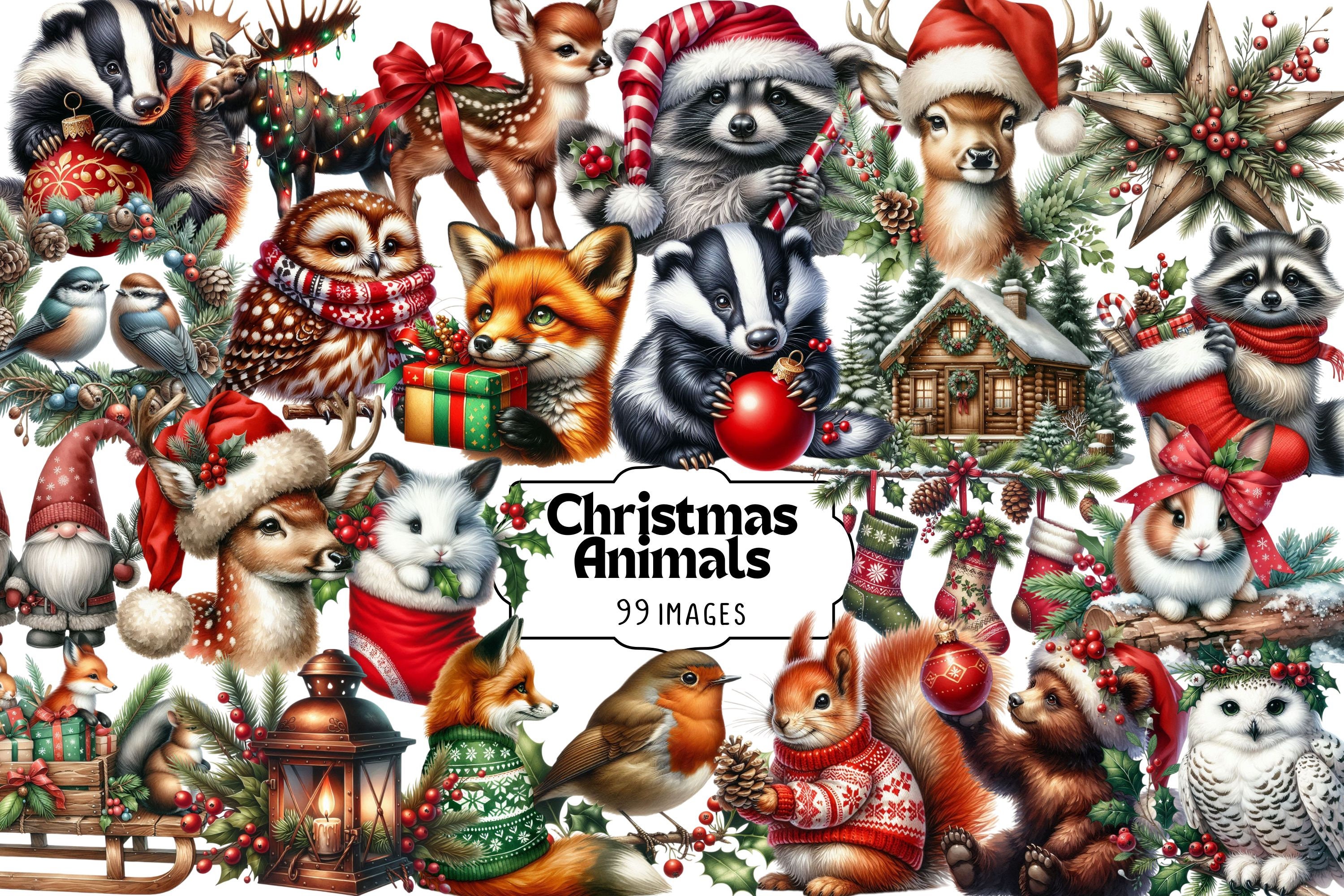 Christmas Animals Clipart - Cute Holiday Creatures PNG, Festive Animal ...