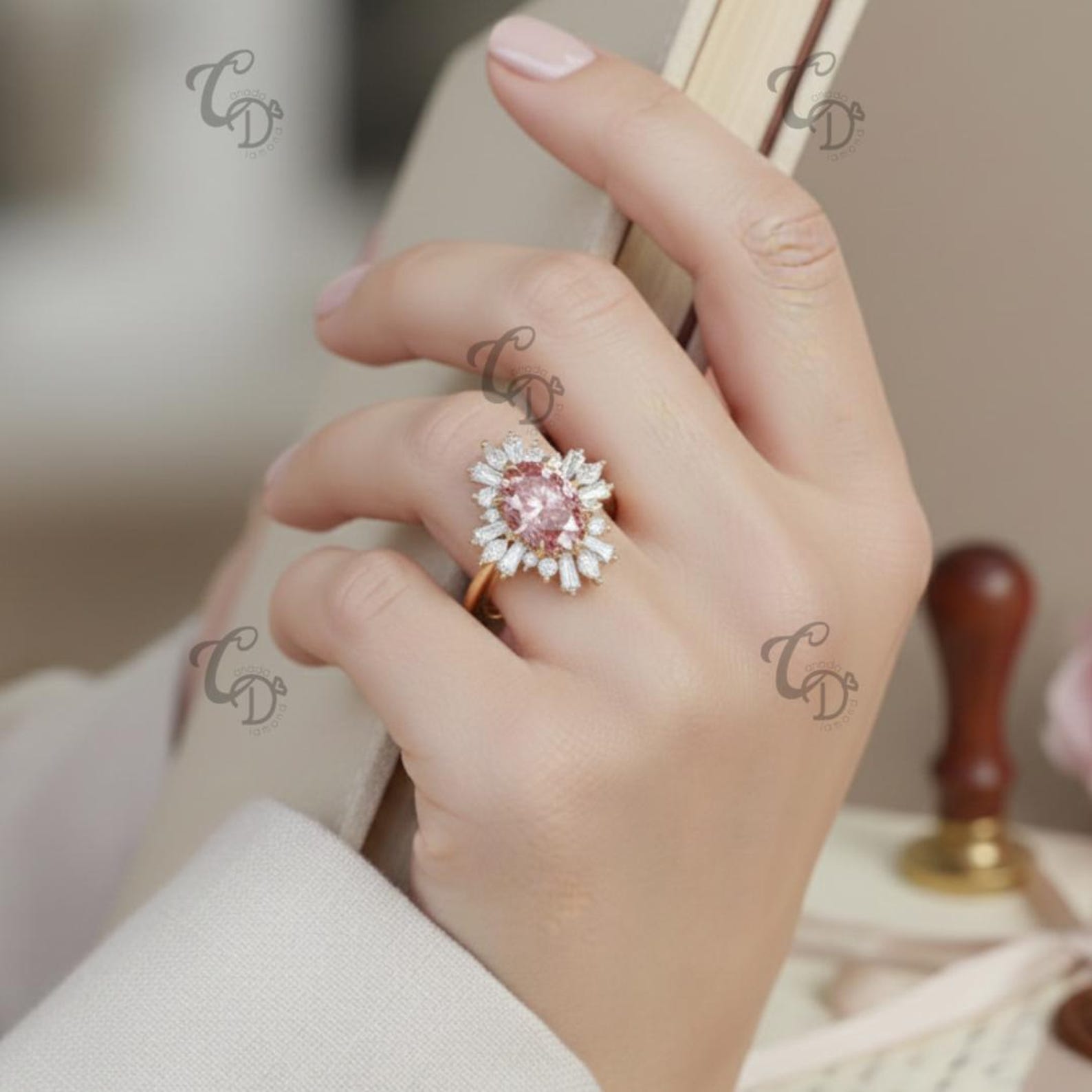 Pink Oval Cut and Caliber Cut Lab Diamond Ballerina Ring, 14K Solid ...