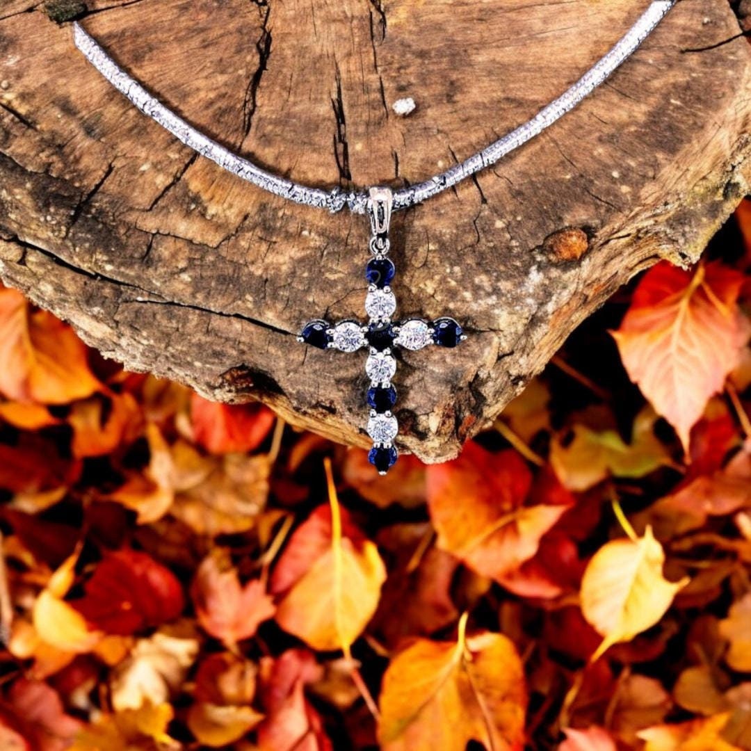 1CWT Sapphire Blue Diamond Cross Necklace, 10k Gold Moissanite Cross ...