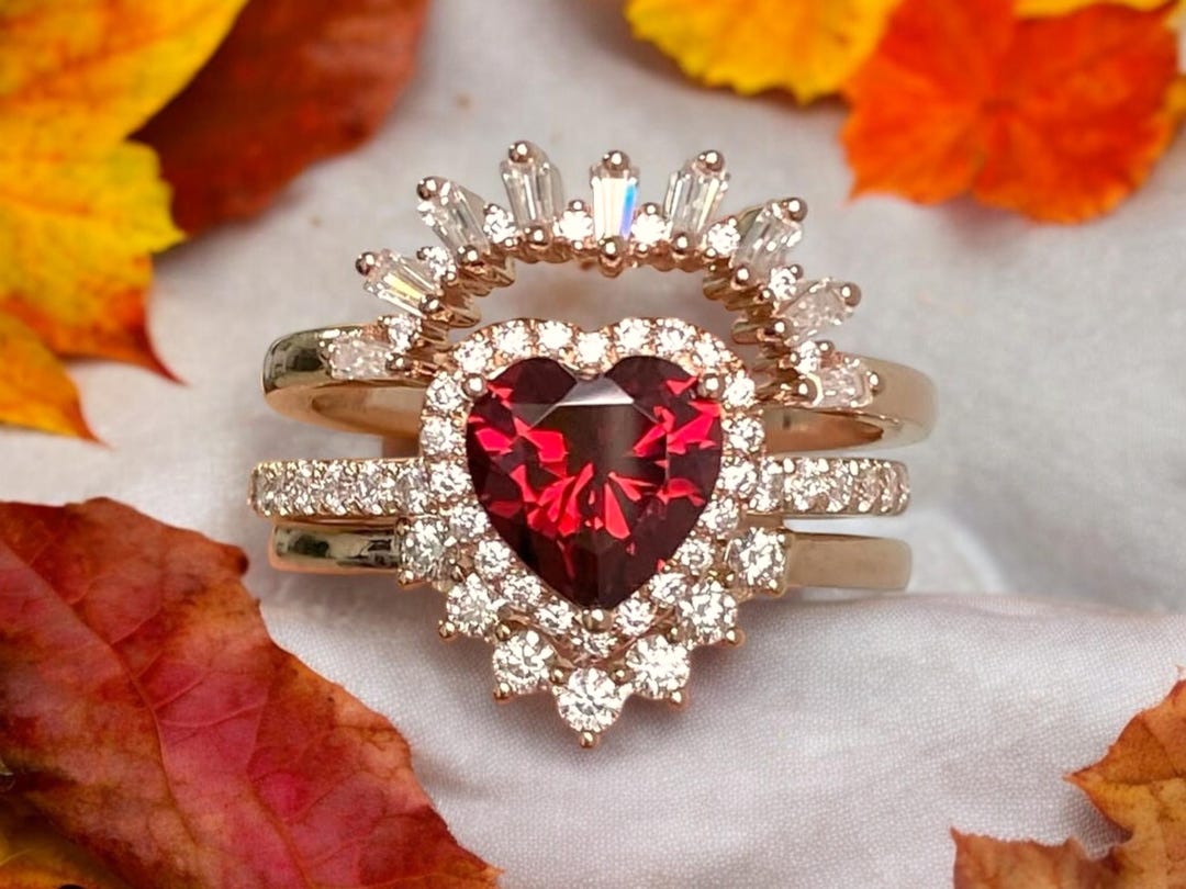 Red Heart Cut Diamond Engagement Ring, 14K Solid Gold CZ Wedding Ring ...