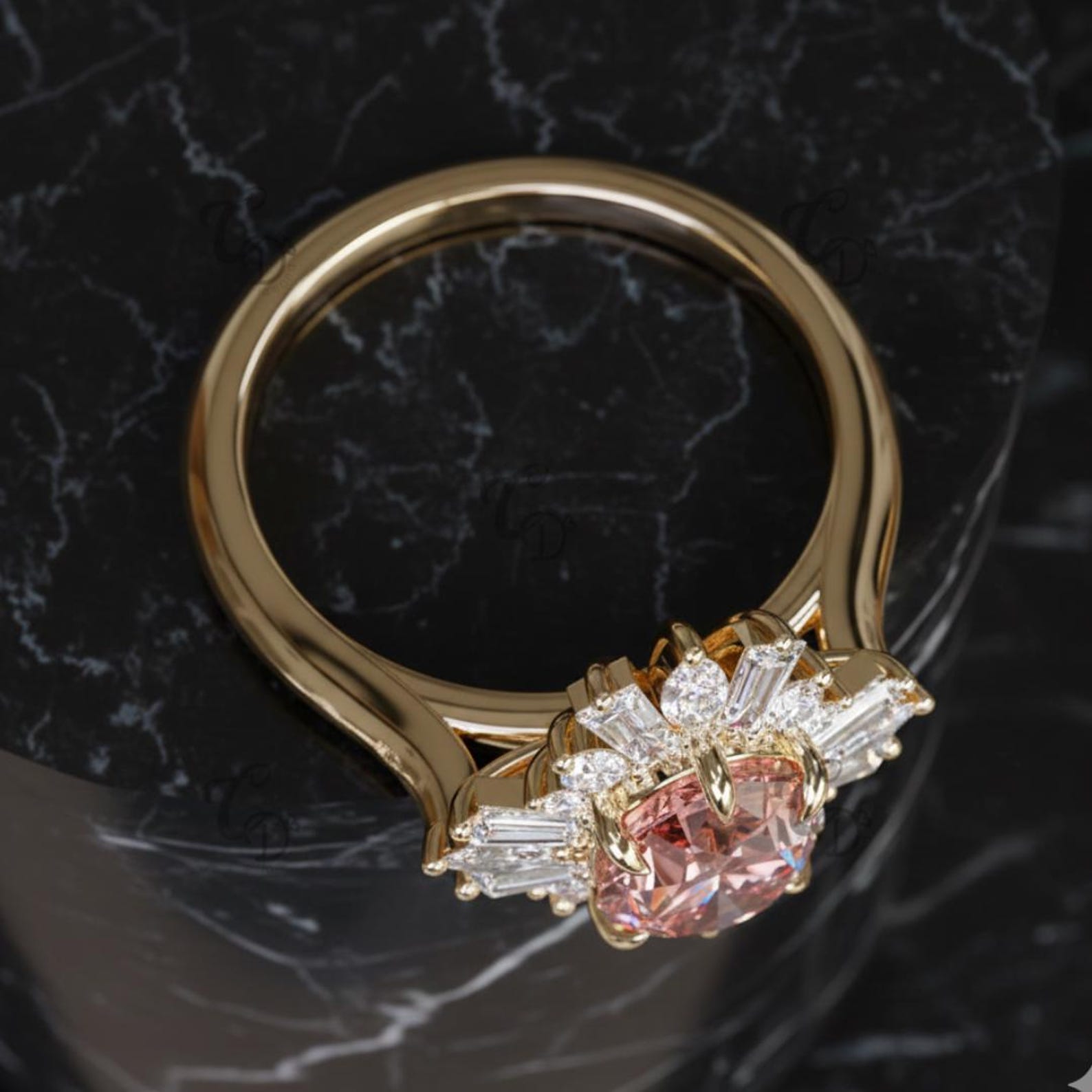 Pink Oval Cut and Caliber Cut Lab Diamond Ballerina Ring, 14K Solid ...
