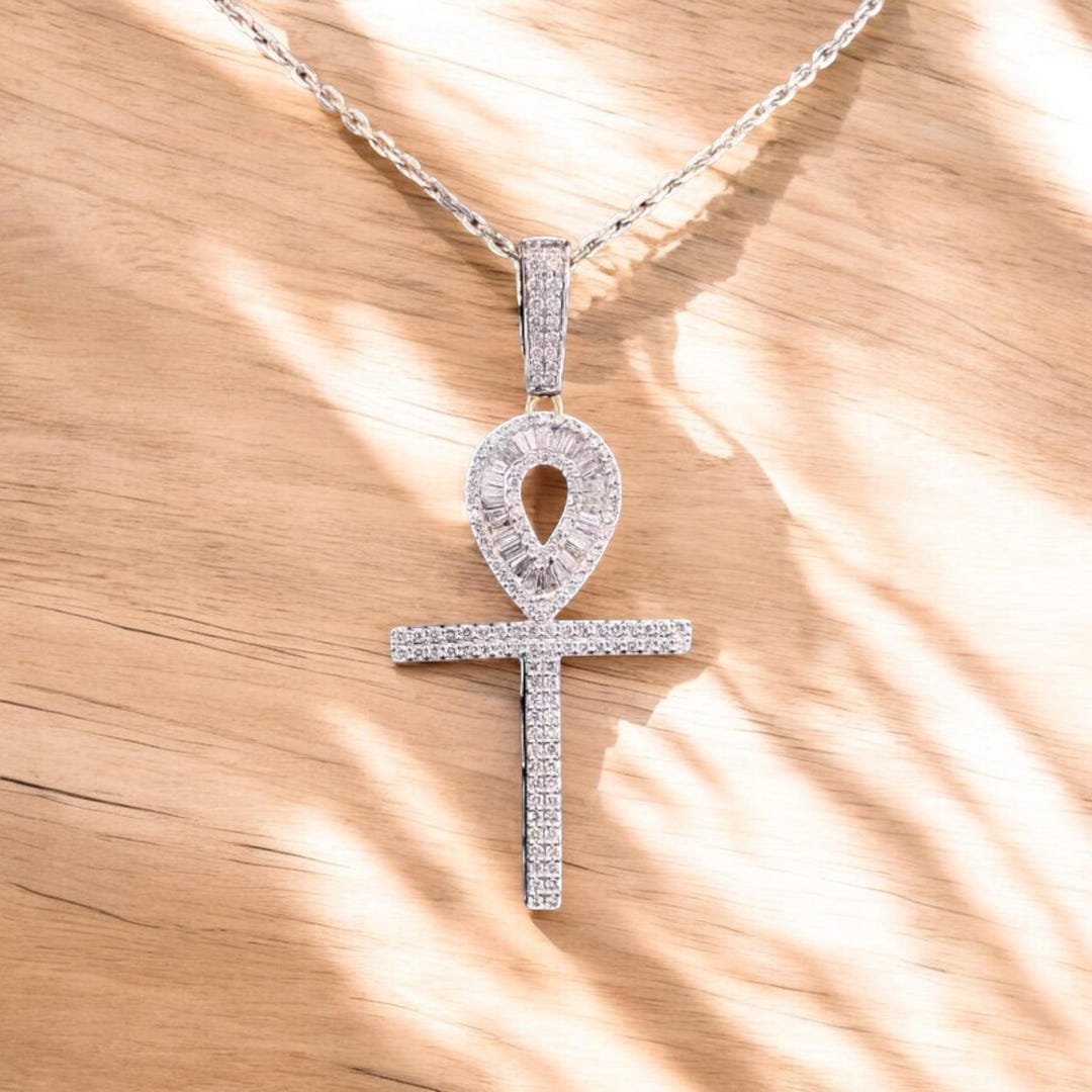 Luxury 1TCW Baguettes Double Cross Ankh Cross Necklace,14k White Gold ...