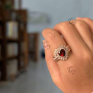 Red Heart Cut Diamond Engagement Ring, 14K Solid Gold CZ Wedding Ring ...