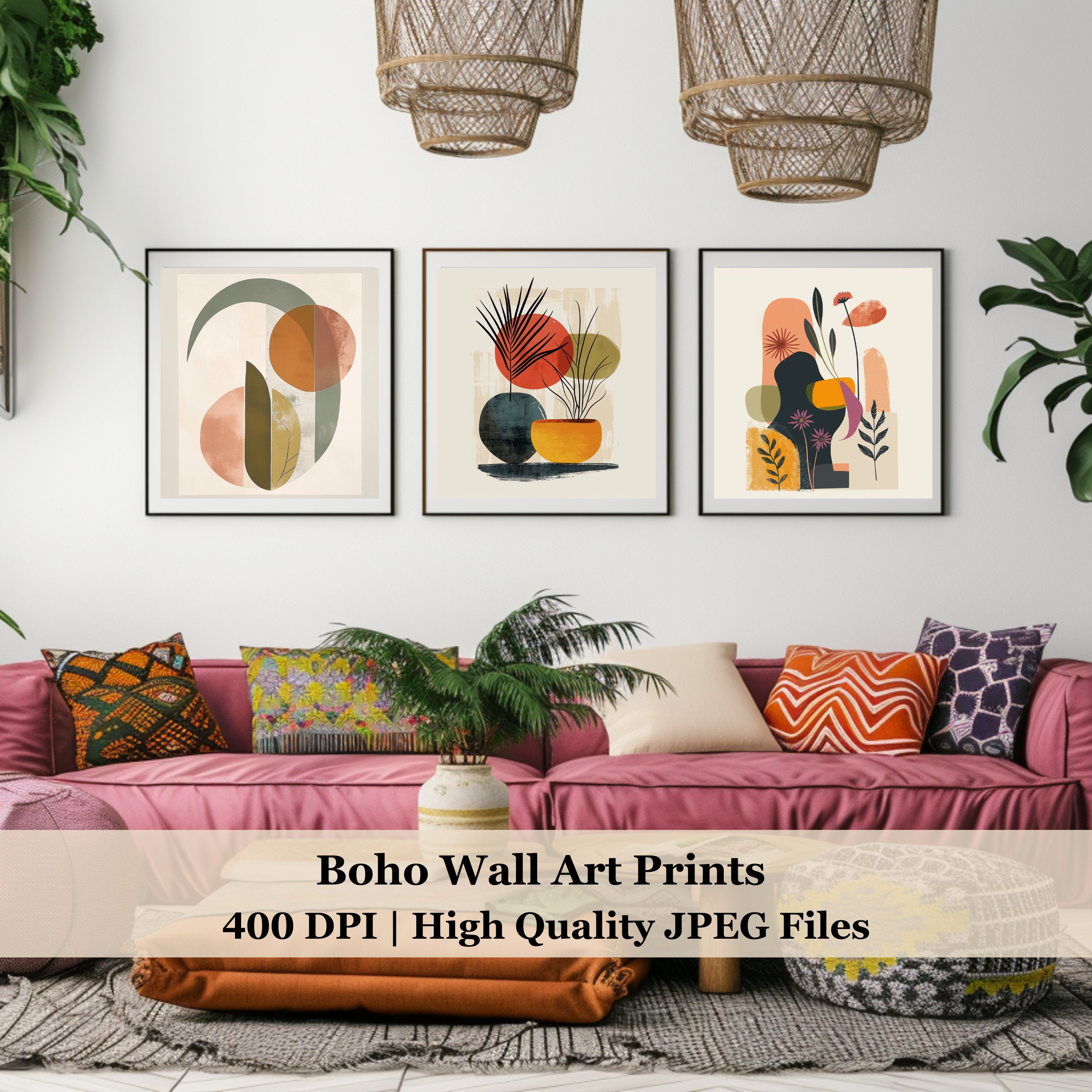Boho Abstract Wall Art Print Set of 3, Boho Wall Décor, Botanical Wall ...