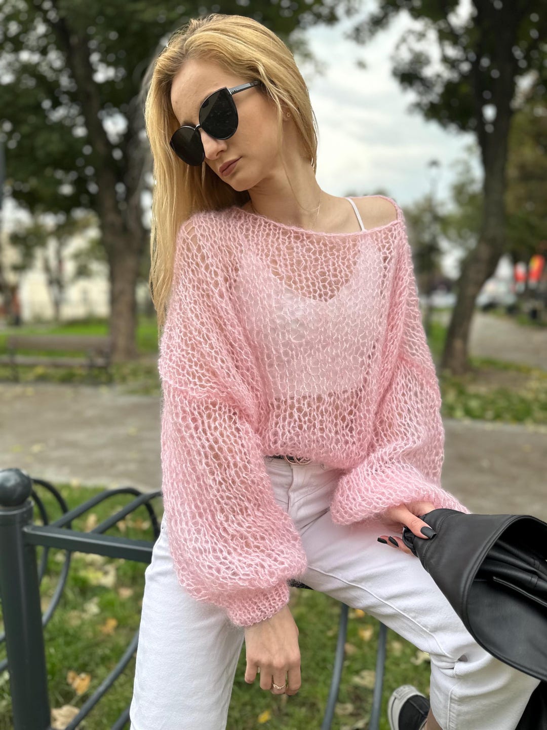 Light Pink Mesh Sweater Delicate Hand-knitted Loose Pullover, Trendy ...