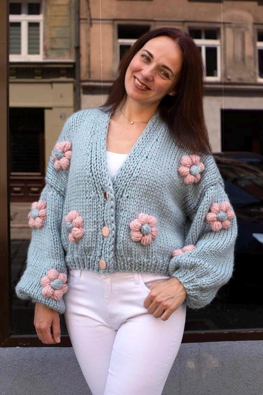 3D Flower Crop Cardigan, Light Blue Hand Knit Bomber, Handmade ...