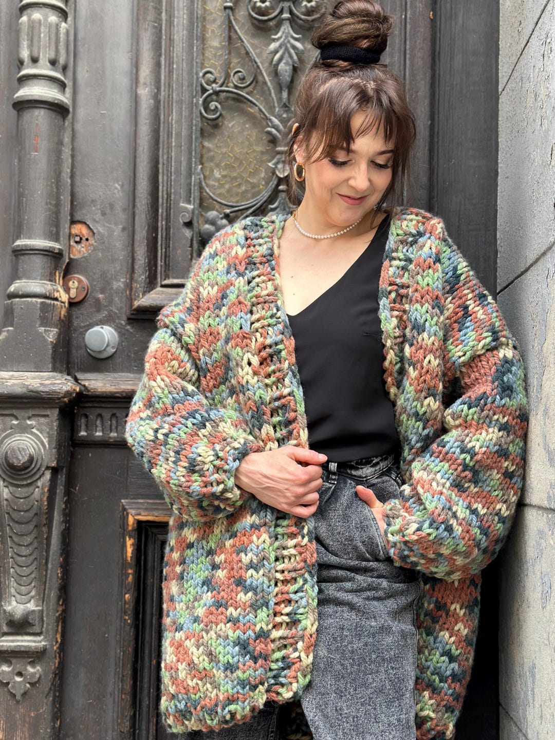 Grunge Style Cardigan Chunky Khaki Melange Hand-knitted Open Front ...