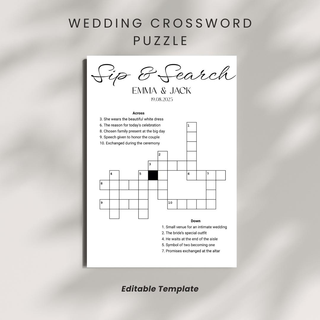 Editable Wedding Crossword Puzzle, Sip and Solve Wedding Crossword ...
