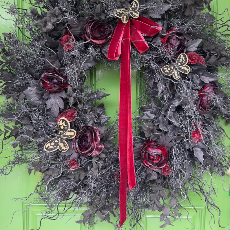 Gothic Halloween Wreath: Burgundy Velvet Bow, Glitter Butterfly ...