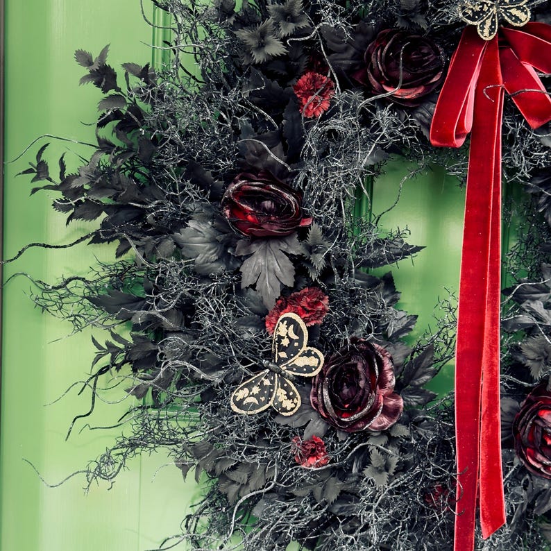 Gothic Halloween Wreath: Burgundy Velvet Bow, Glitter Butterfly ...