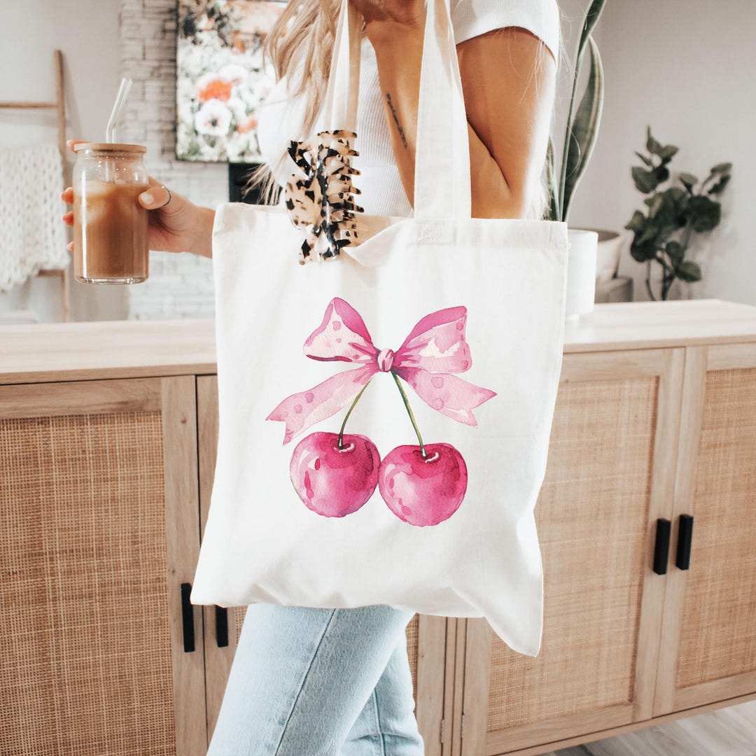 Pink Cherry Cotton Tote Bag, Cherries With Bow Bag, Pink Bow Purse ...