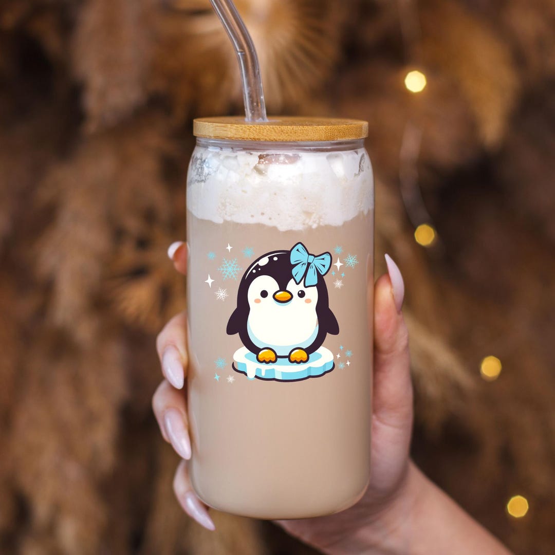 Christmas Penguin Iced Coffee Glass, Cute Penguin Sipper Glass, Winter ...