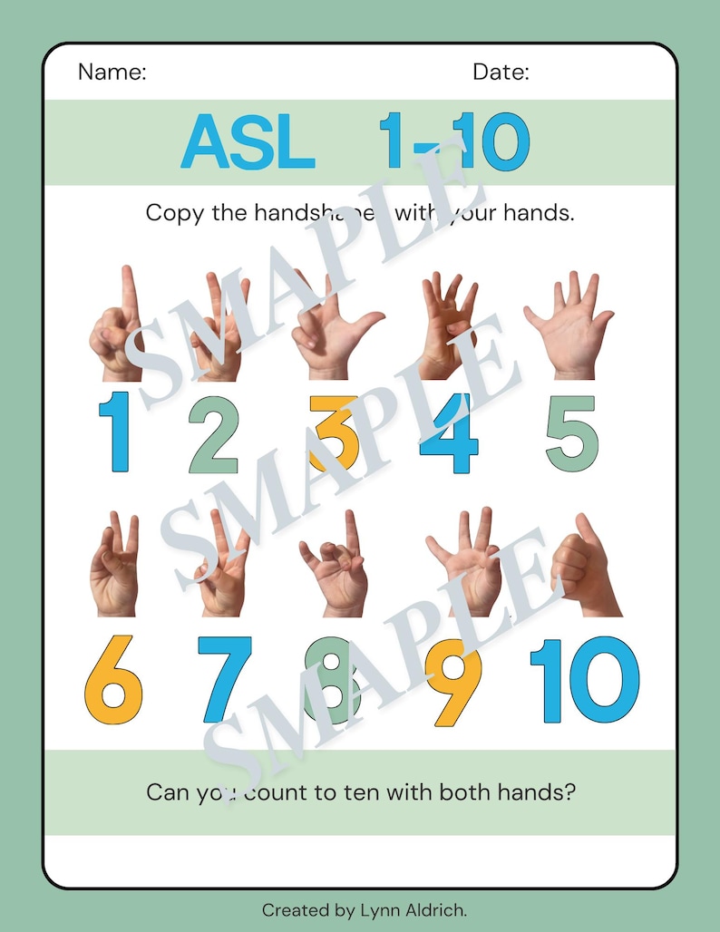 ASL and English Kids Worksheet Counting 1-10 in Sign Language; Number ...