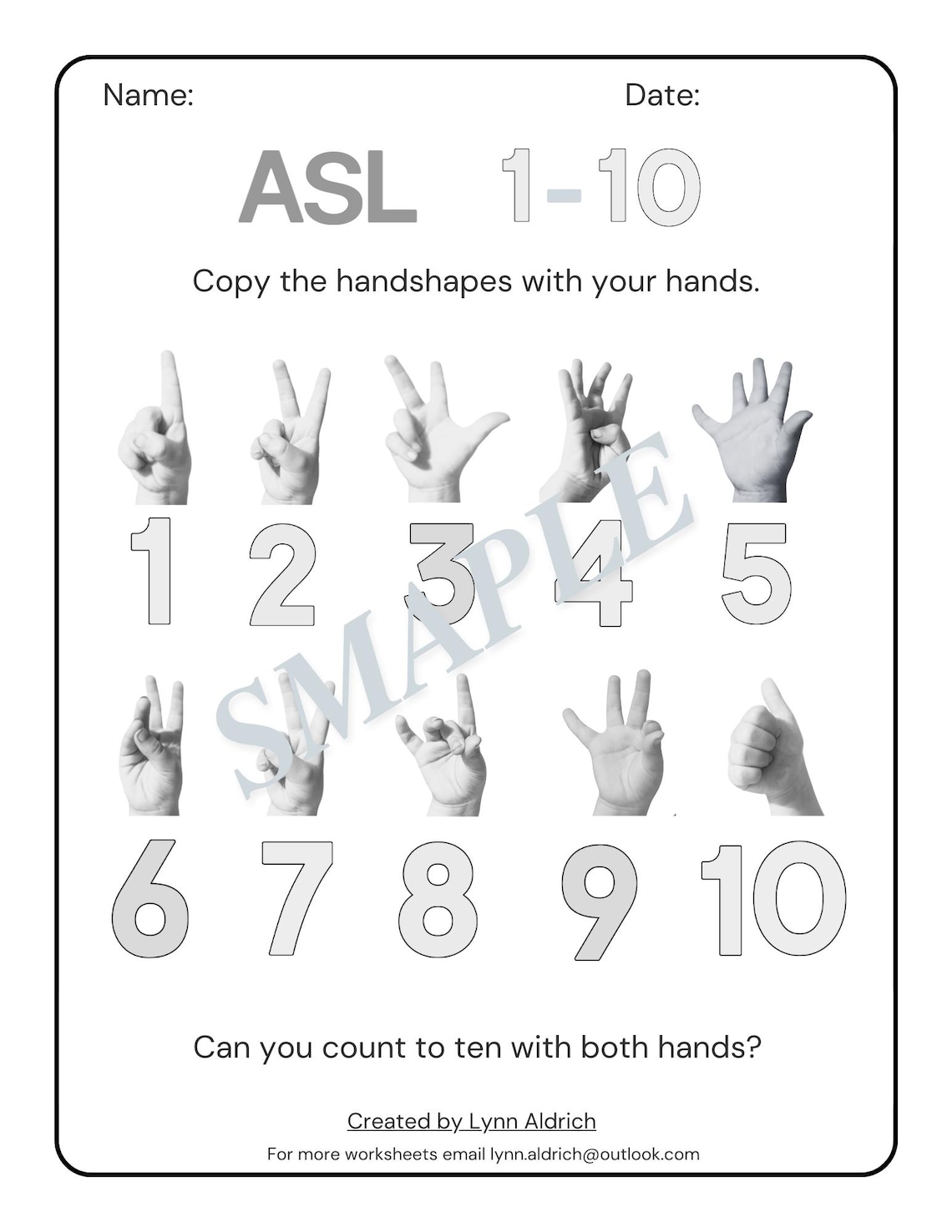 ASL and English Kids Worksheet Counting 1-10 in Sign Language; Number ...