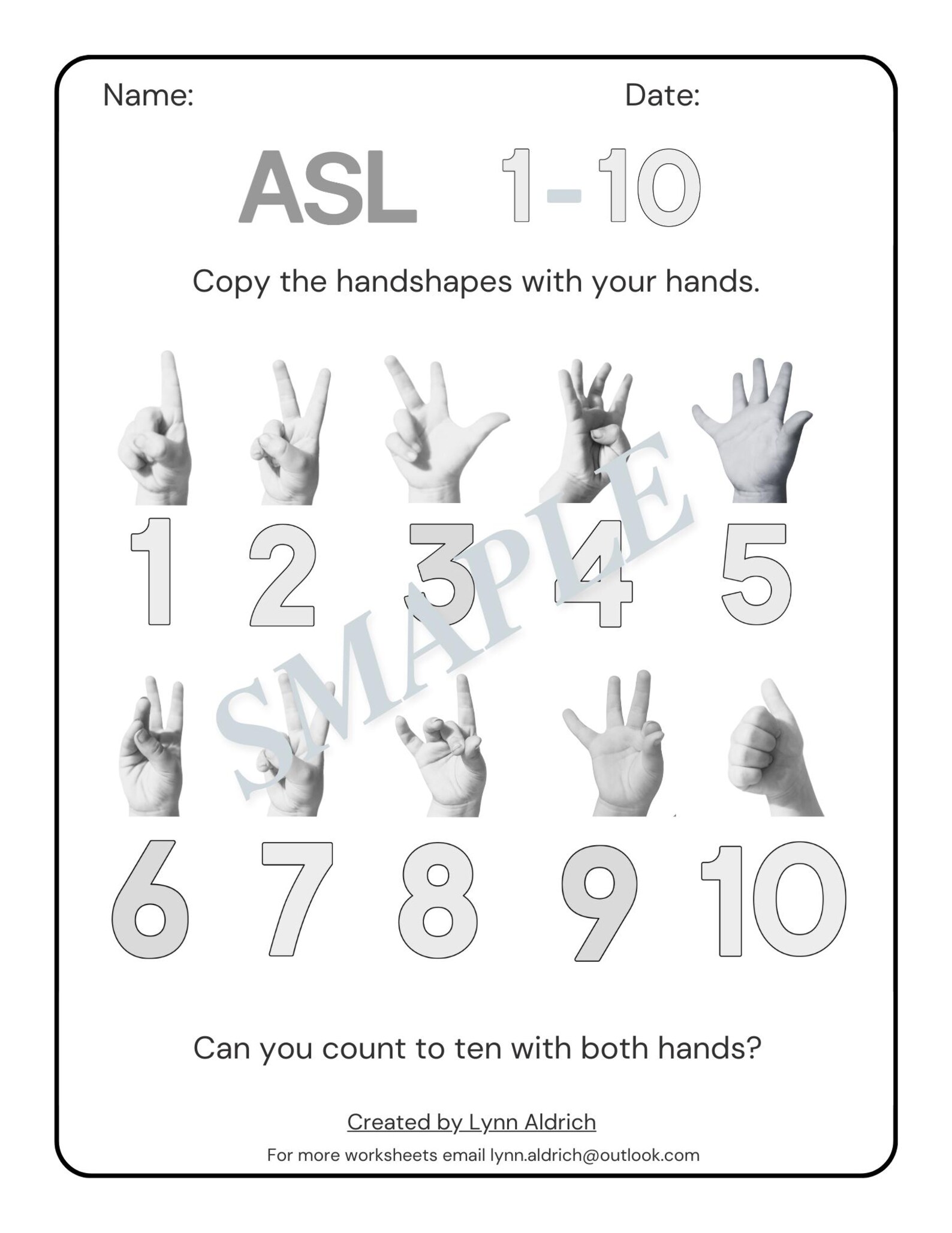 ASL and English Kids Worksheet Counting 1-10 in Sign Language; Number ...
