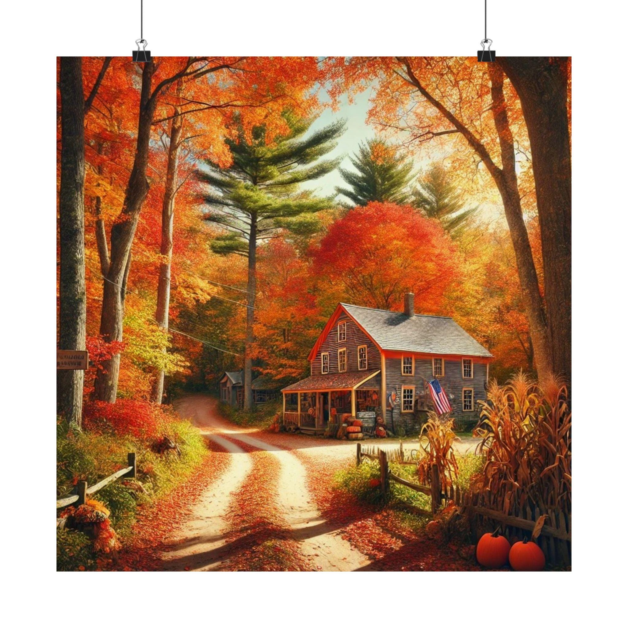 New England Autumn Path Poster Serene Country Store Print, Fall Foliage ...