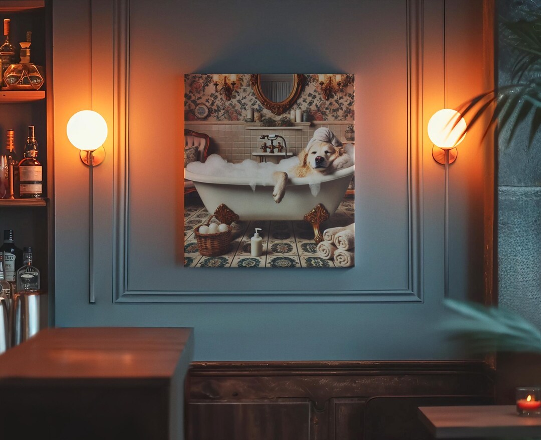 Pampered Pup in Vintage Bathtub - Luxurious Dog Bath Art Matte Poster ...