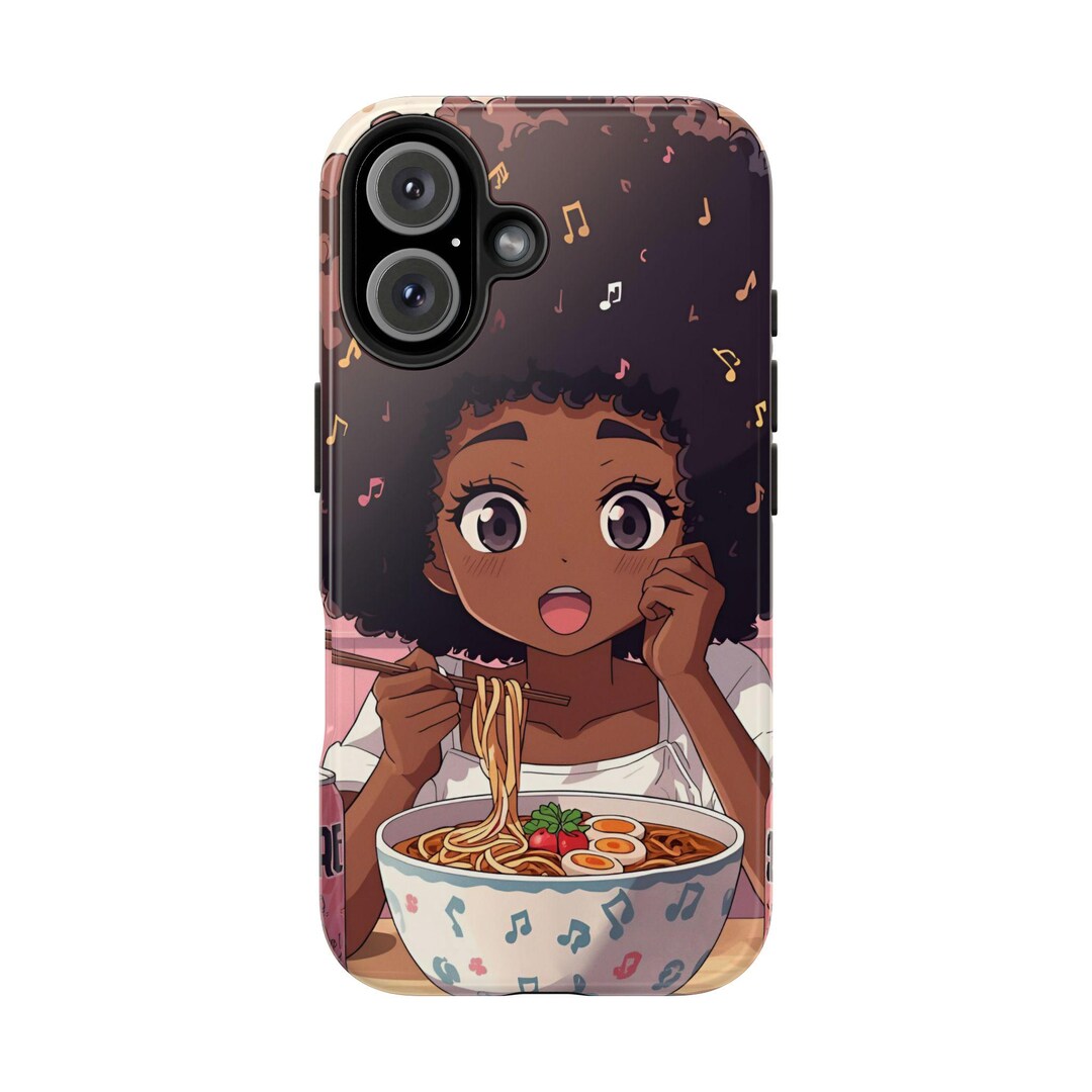Afro Black Girl Anime-inspired Phone Case Featuring Noodle-loving Girl ...