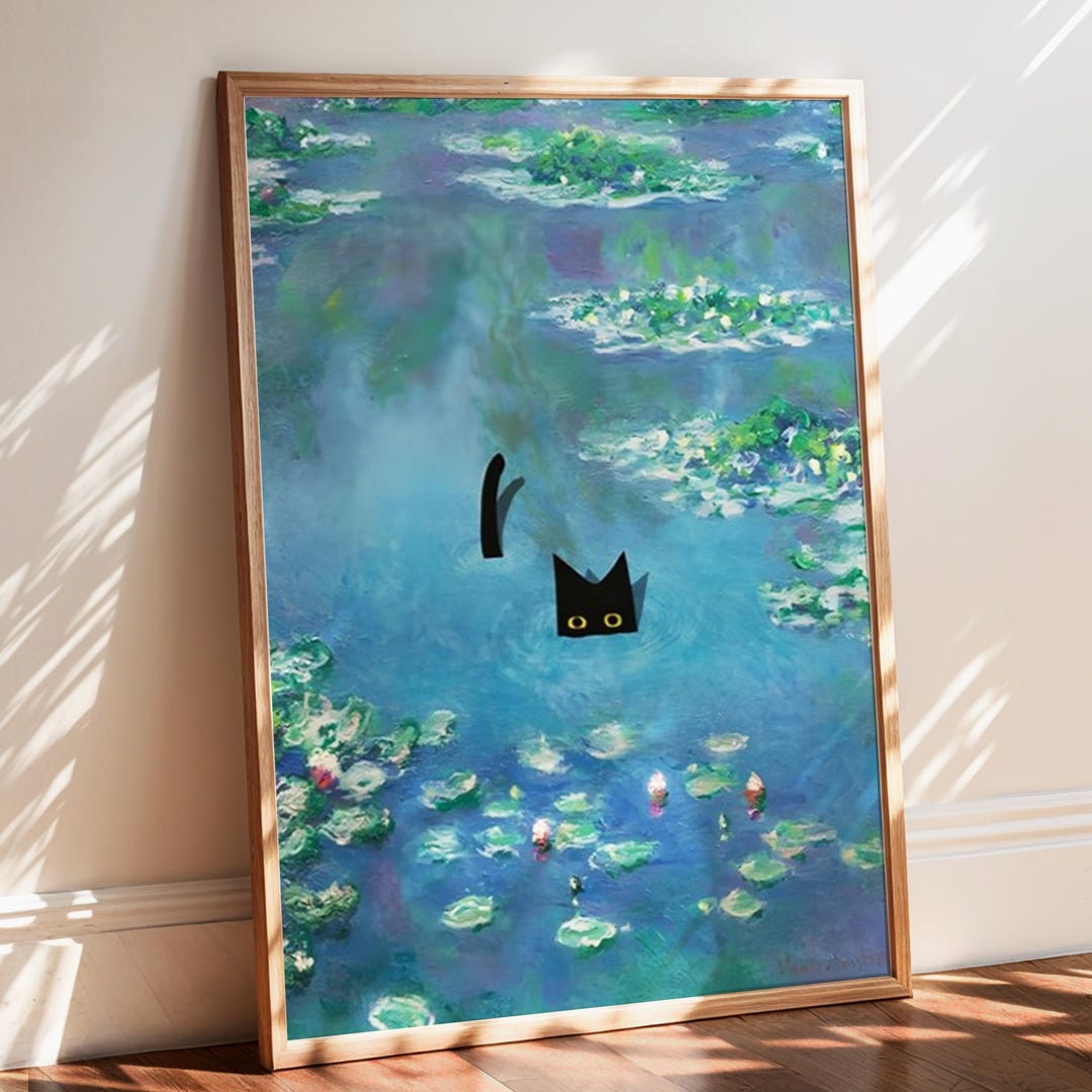 Monet Waterlily Cat Print, Claude Monet Cat Poster, Cat Art, Floral ...
