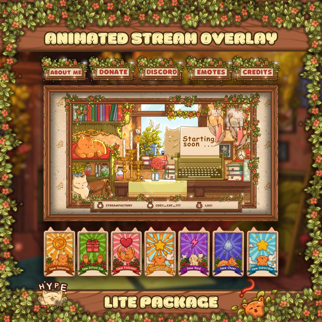 Animated Stream Overlay - Cozy Cats Lite Package: Screens, Alerts ...