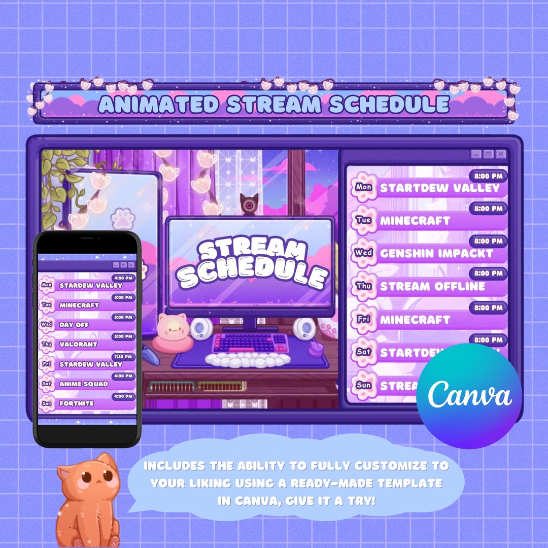 Stream Schedule - Cozy Cat Twitch Schedule Template, Vtuber Schedule ...