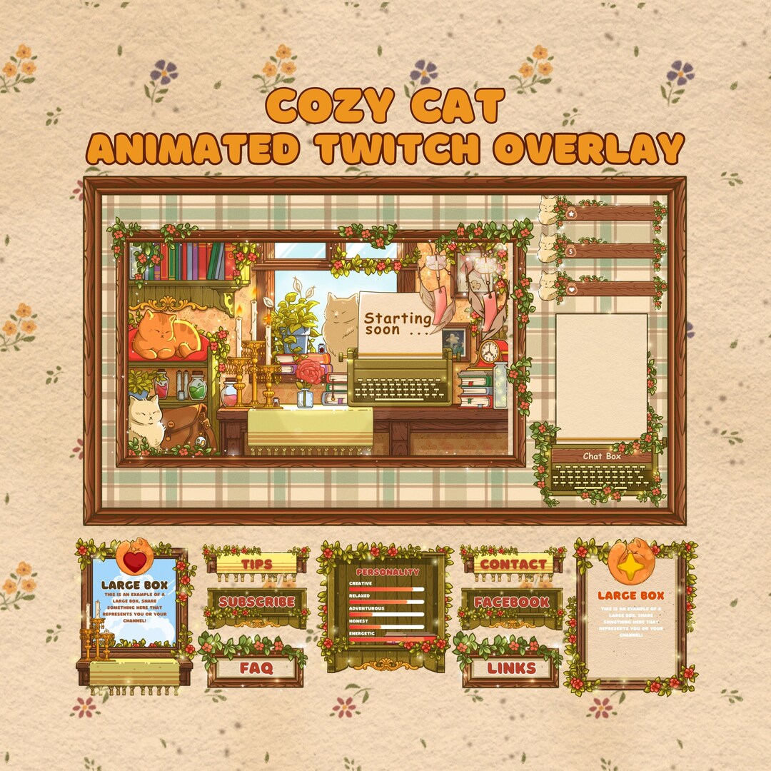 Cozy Cat Stream Overlay, Animated Twitch Overlay, Cute Panels & Alerts ...