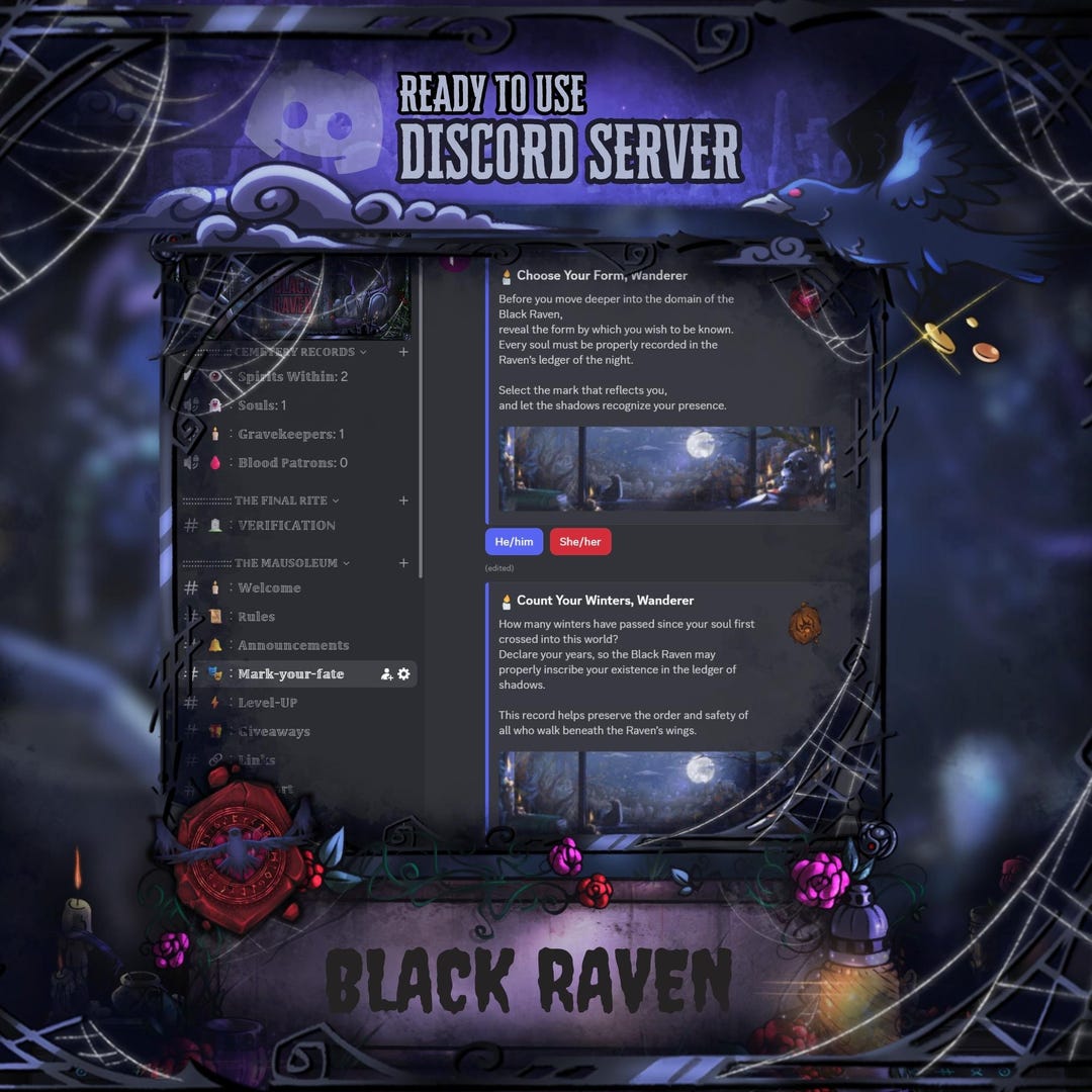 Fully Set up Dark Gothic Discord Server | Raven Template | Pre-made ...