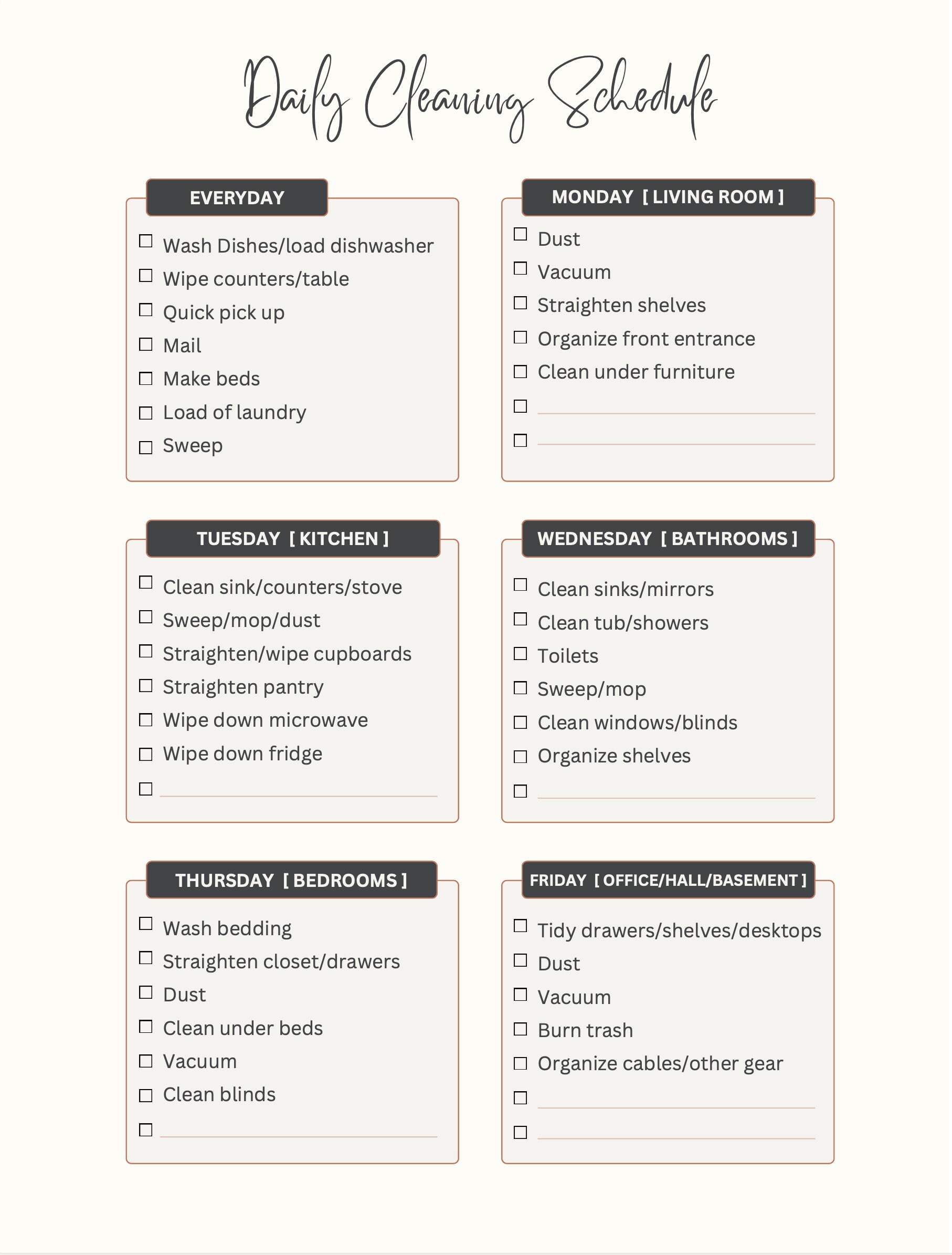 Daily Cleaning Schedule - Etsy