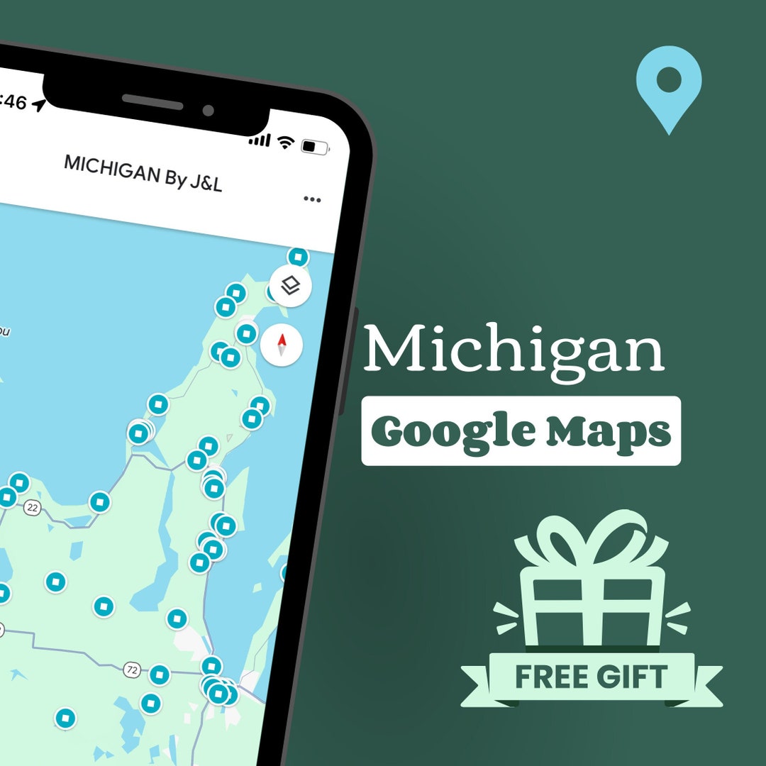 Michigan Digital Travel Map for Google Maps | Location Pins Michigan ...