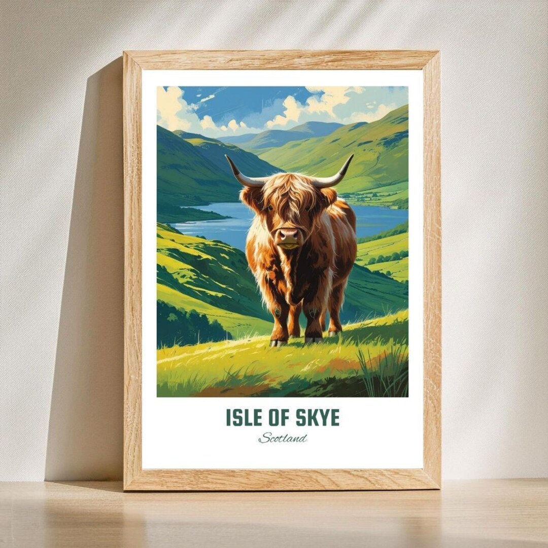 Isle of Skye Print | Highland Cow, Scotland Travel Poster (digital ...