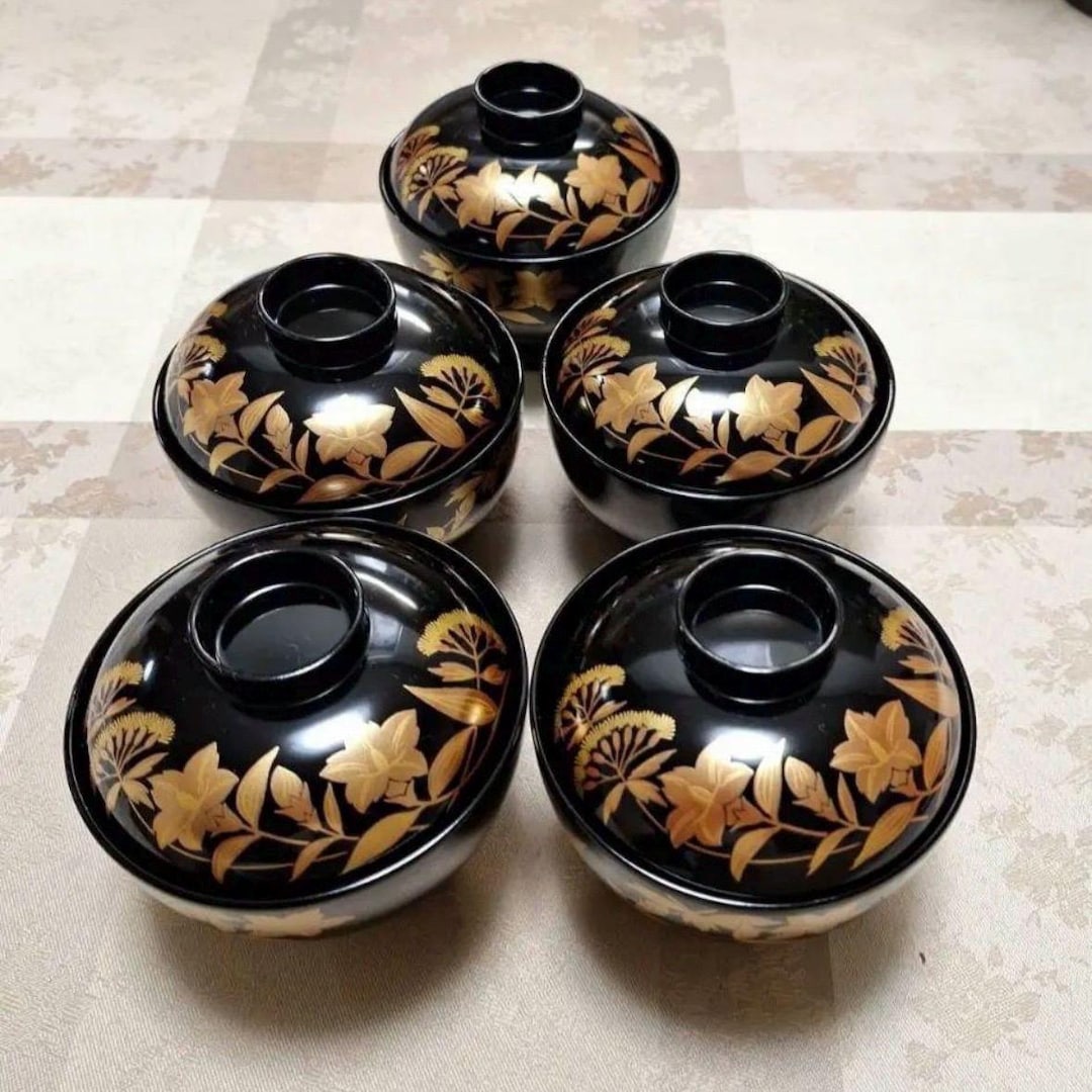 Otsuzo Black Lacquerware, Gold Flower Pattern, 5 Bowls - Etsy