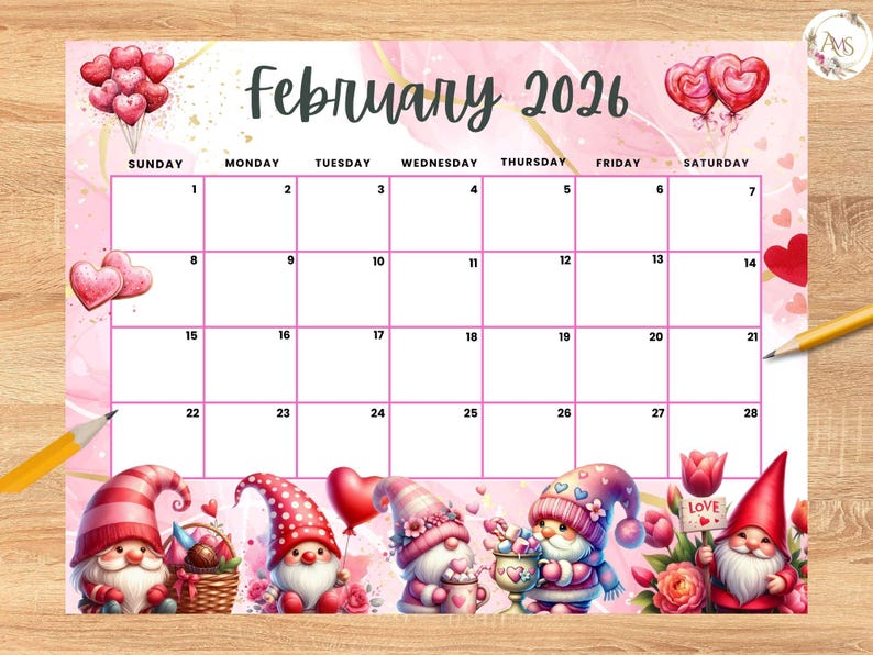 EDITABLE Fillable February 2026 Calendar, Valentine With Cute Gnomes ...