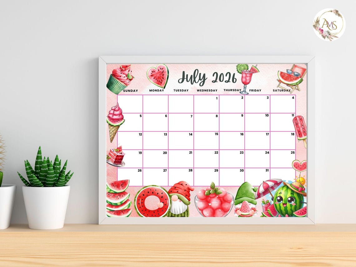 Editable July 2026 Calendar, Adorable and Refreshing Watermelon Summer ...
