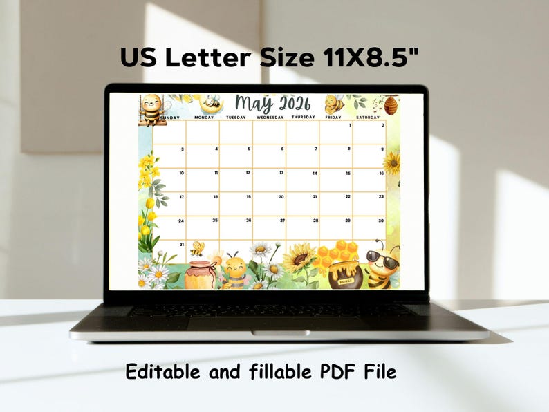 Editable May 2026 Calendar,hello Spring With Cute Honey Bees, Mother's ...