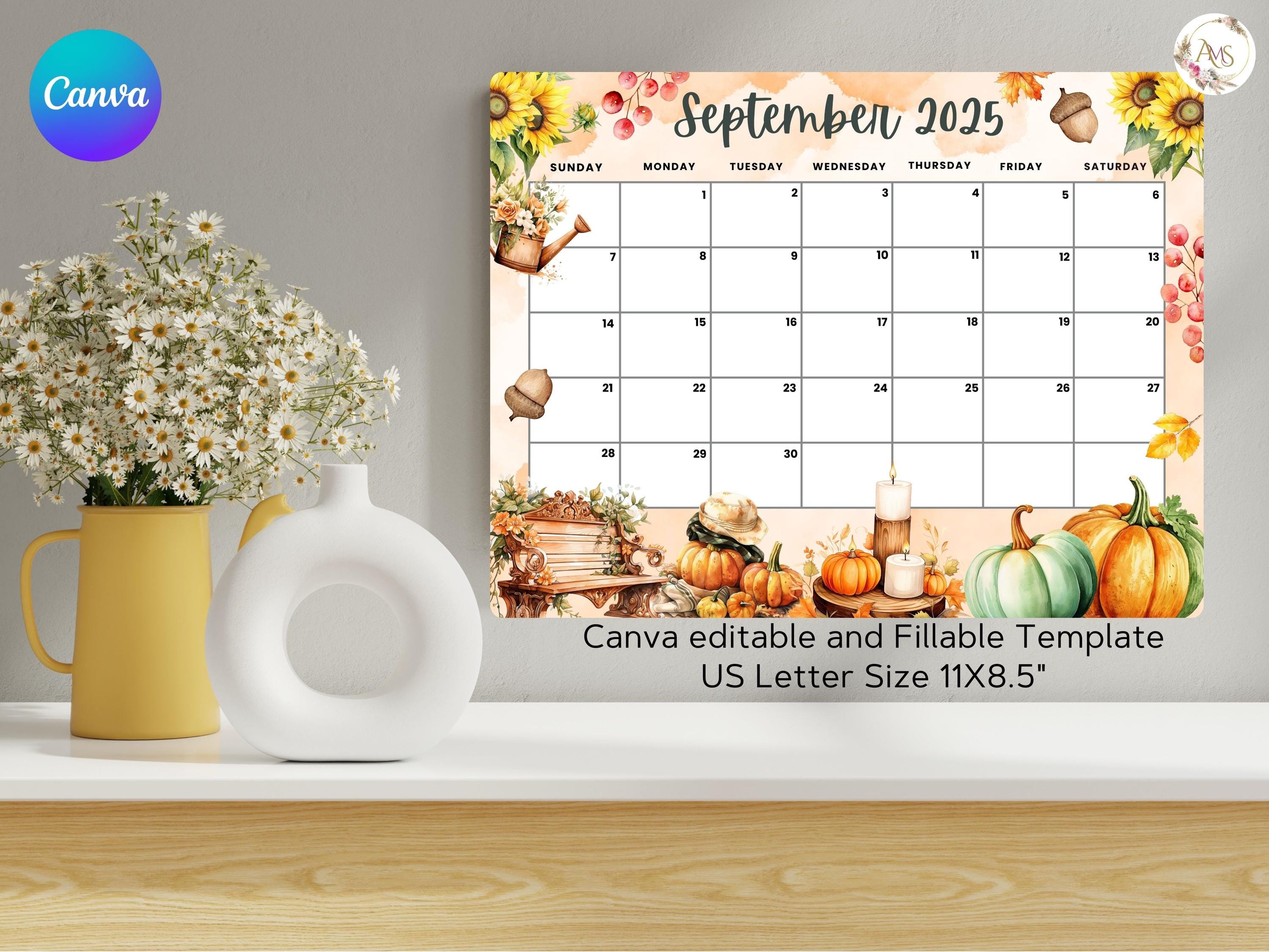 Editable September 2025 Calendar, Autumn Fall Theme Monthly Printable ...