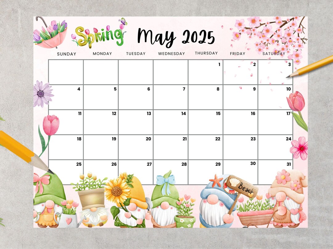 Editable May 2025 Calendar,spring Flowers With Cute Gnomes Planner ...