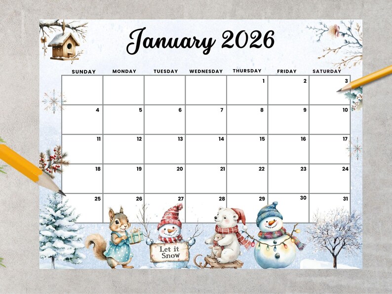 EDITABLE Fillable January 2026 Calendar, Winter Snowman Planner ...