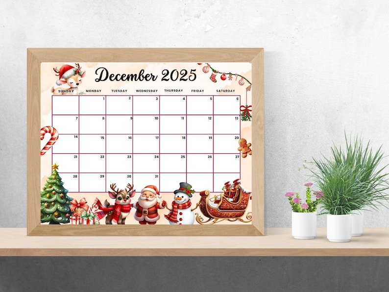 EDITABLE December 2025 Christmas Calendar With Santa, Snowman ...