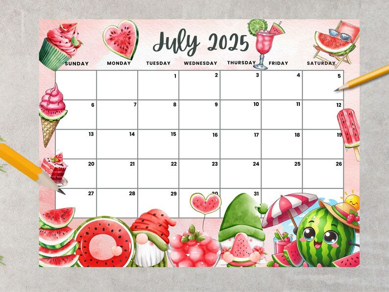 Editable July 2025 Calendar, Adorable and Refreshing Watermelon Summer ...