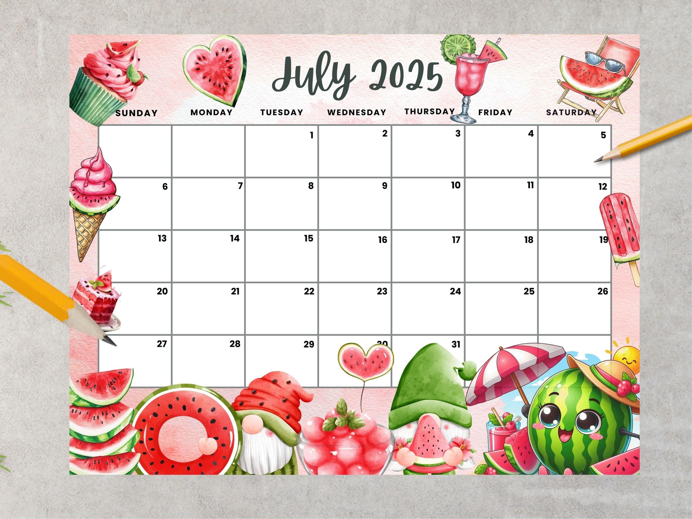 Editable July 2025 Calendar, Adorable and Refreshing Watermelon Summer ...
