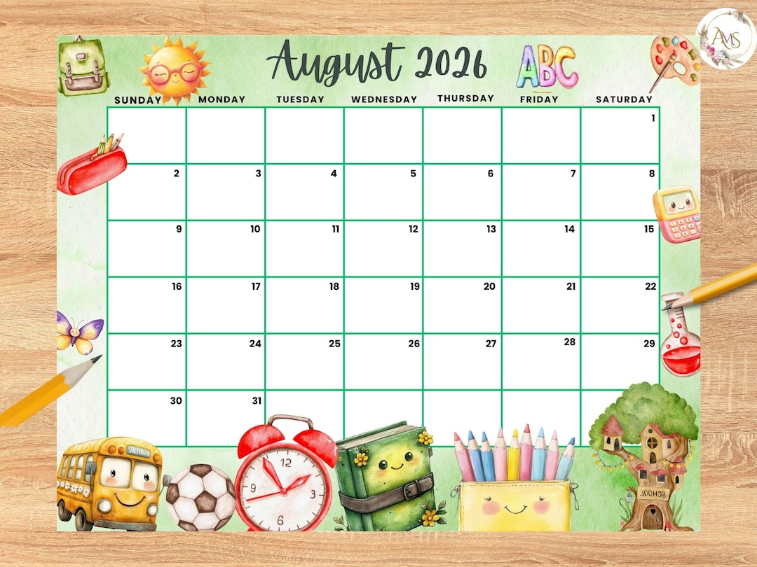 Editable August 2026 Calendar, Cute Summer Calendar, Back to School ...