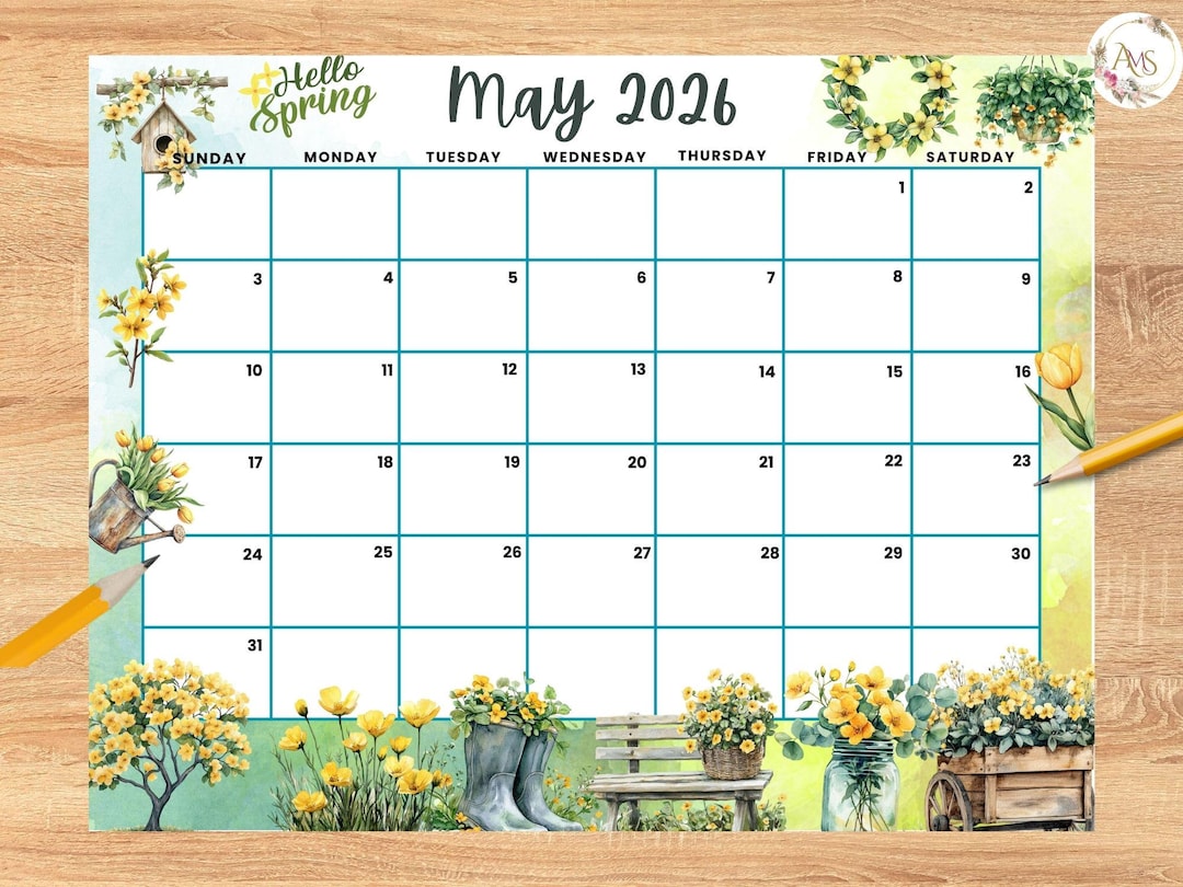 Editable May 2026 Calendar, Hello Spring Yellow Flowers Planner ...