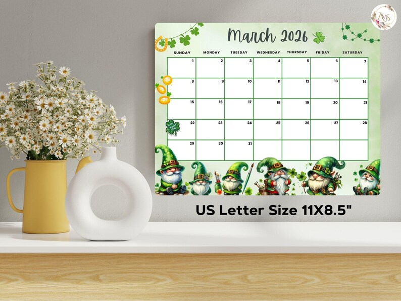 March 2026 Calendar, St. Patrick's Day Gnome Planner,printable Monthly ...