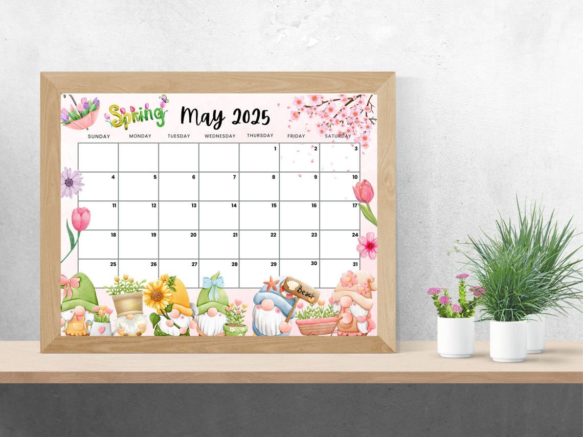Editable May 2025 Calendar,spring Flowers With Cute Gnomes Planner ...