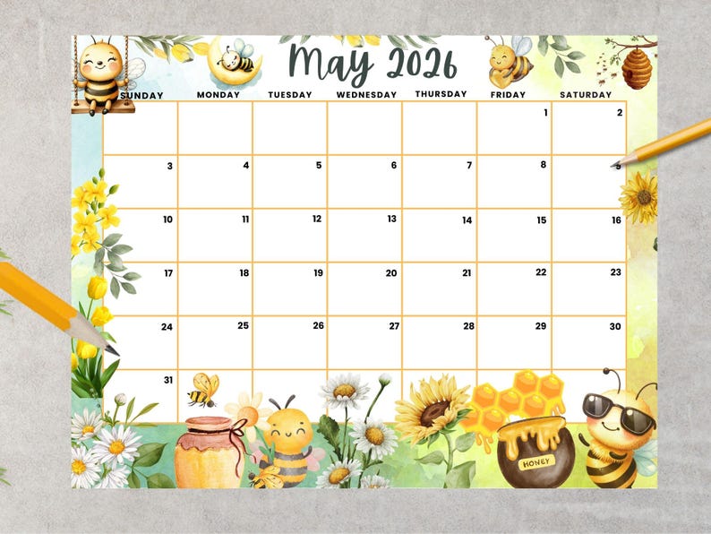Editable May 2026 Calendar,hello Spring With Cute Honey Bees, Mother's ...