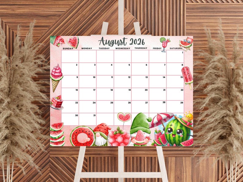 Editable August 2026 Calendar,adorable and Refreshing Watermelon Summer ...