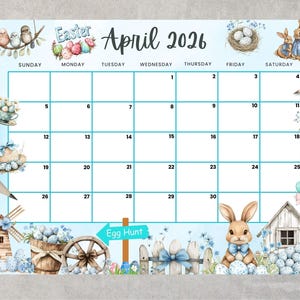 Editable Easter Bunny April 2026 Calendar, Printable Planner (PDF, JPG ...