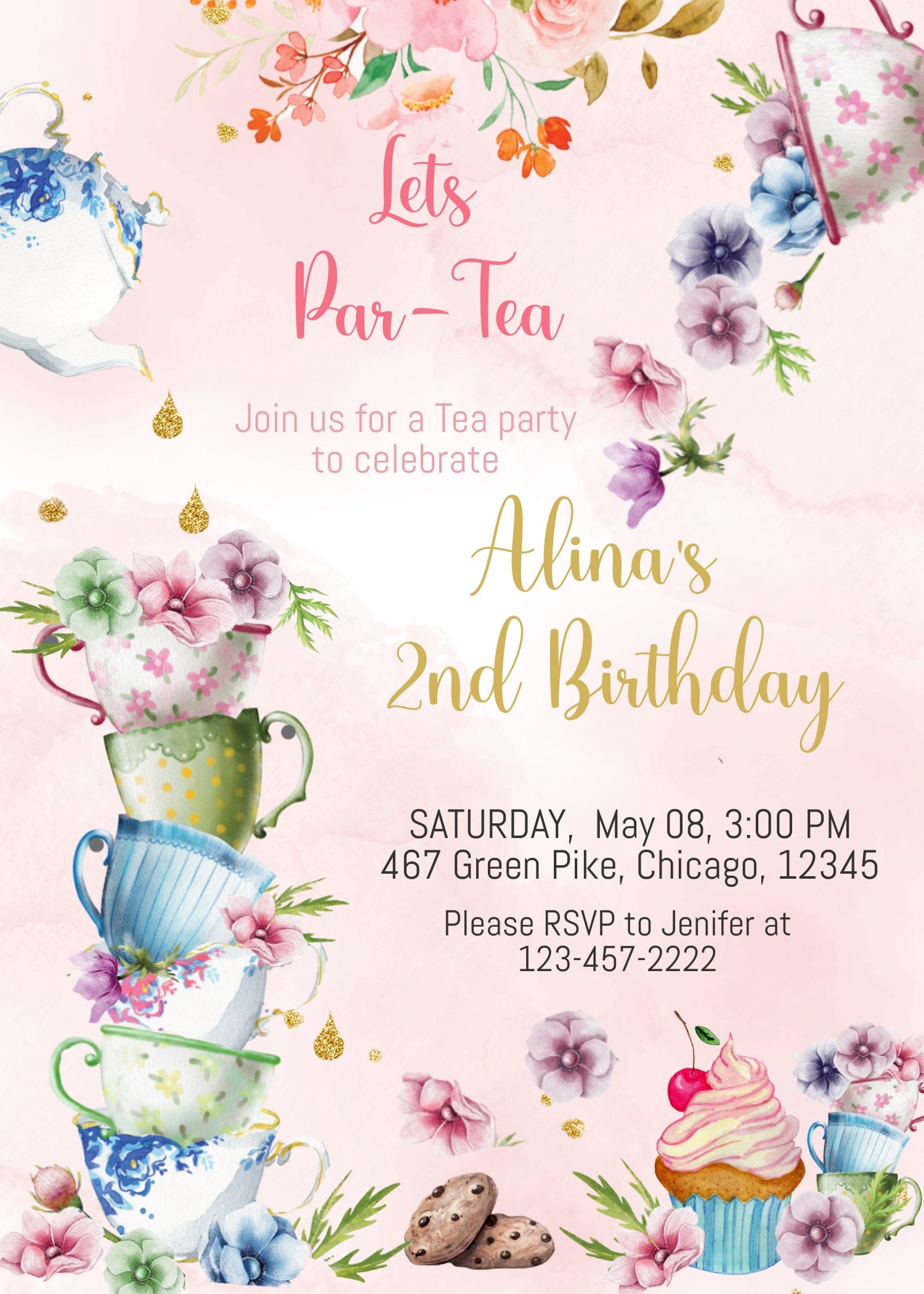 Editable Tea Birthday Invitation Girl Tea Party Invite Pink Gold Floral ...