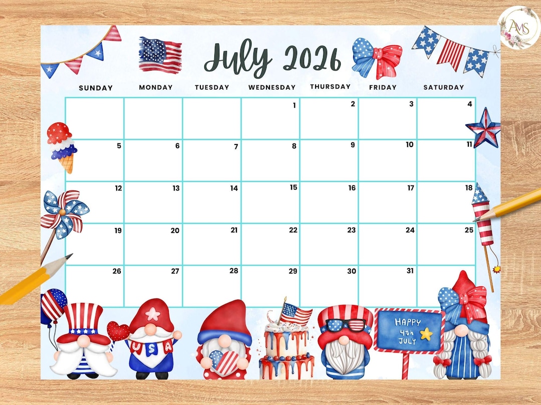 Editable July 2026 Calendar, Independence Day With Adorable Gnomes ...